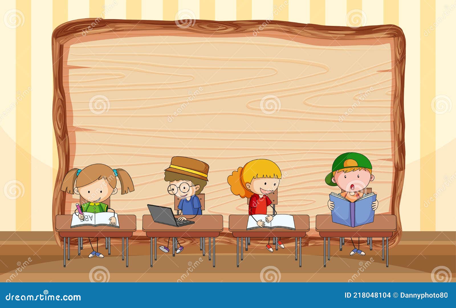 Empty Wooden Board with Many Kids Doing Their Homework Stock Vector ...