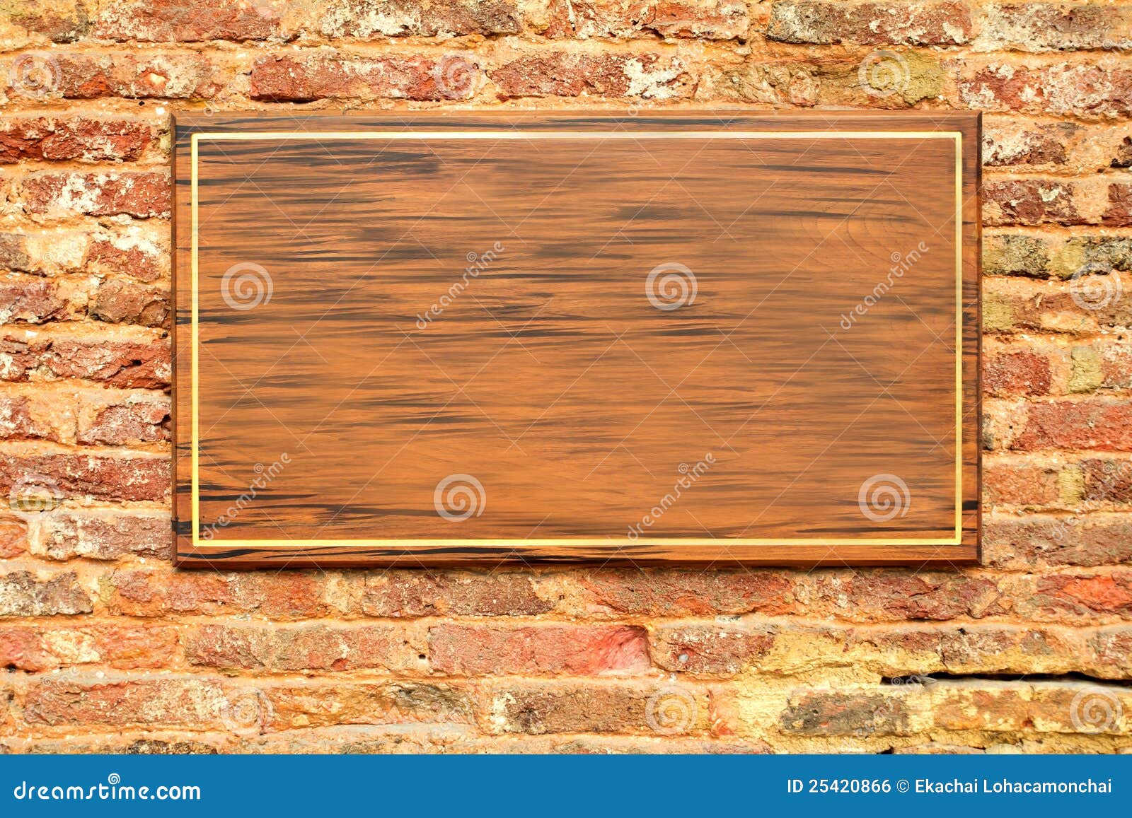 Empty Wooden Board Sign on a Brick Wall Texture Stock Photo - Image of ...