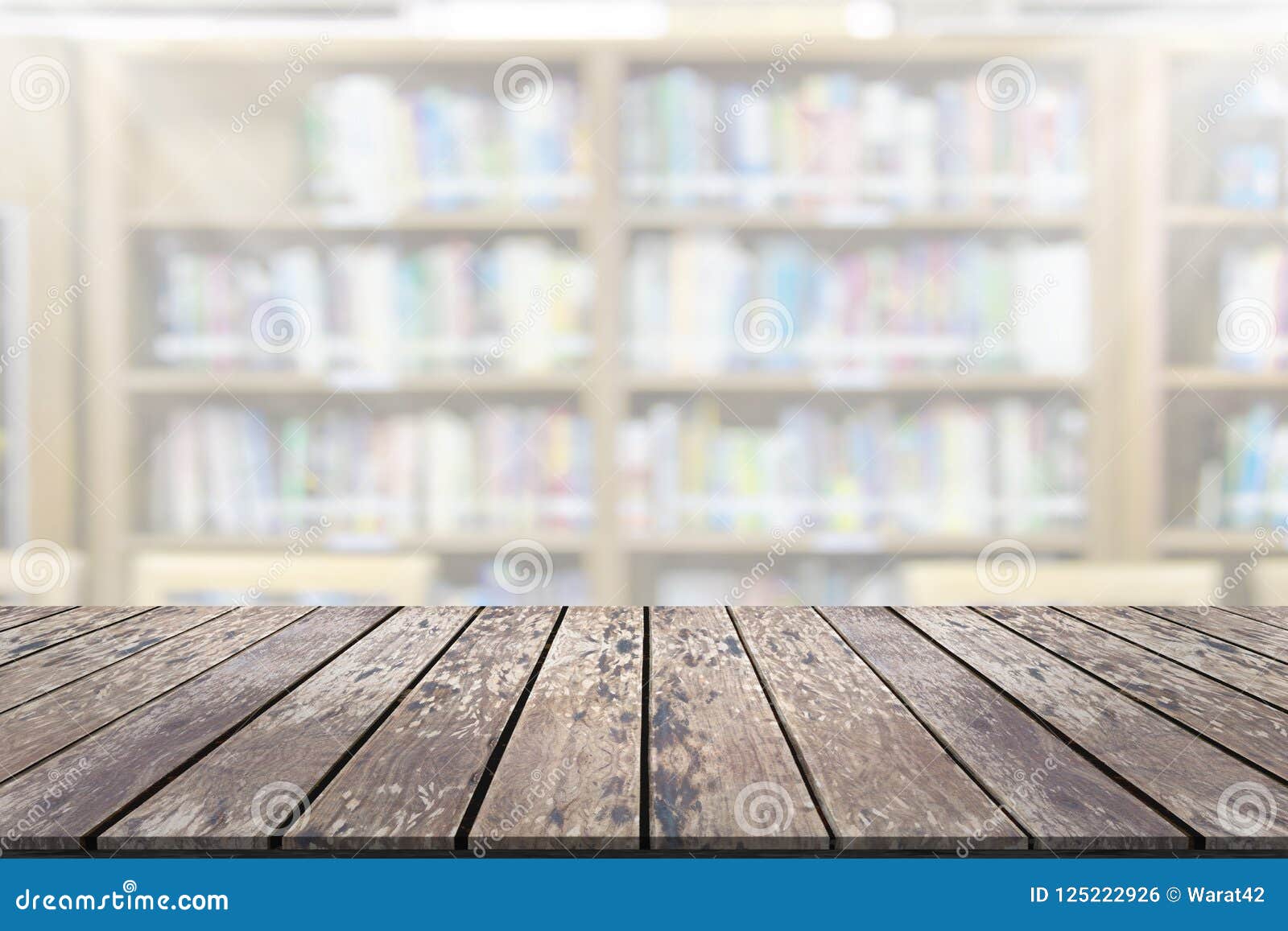 Empty Wooden Board Space Platform with Library Blur Background Stock ...