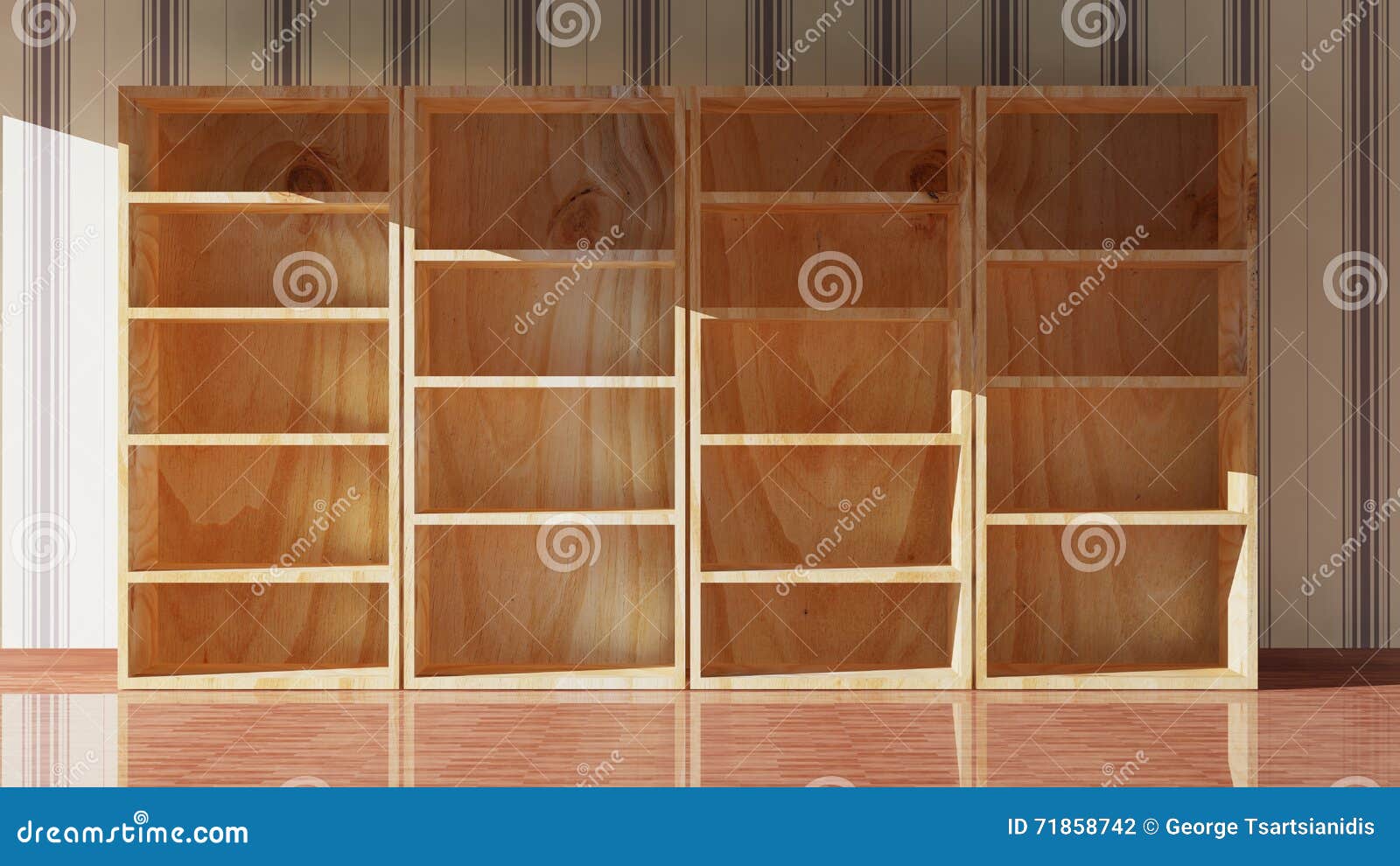 Empty wooden bookcase stock illustration. Illustration of study - 71858742