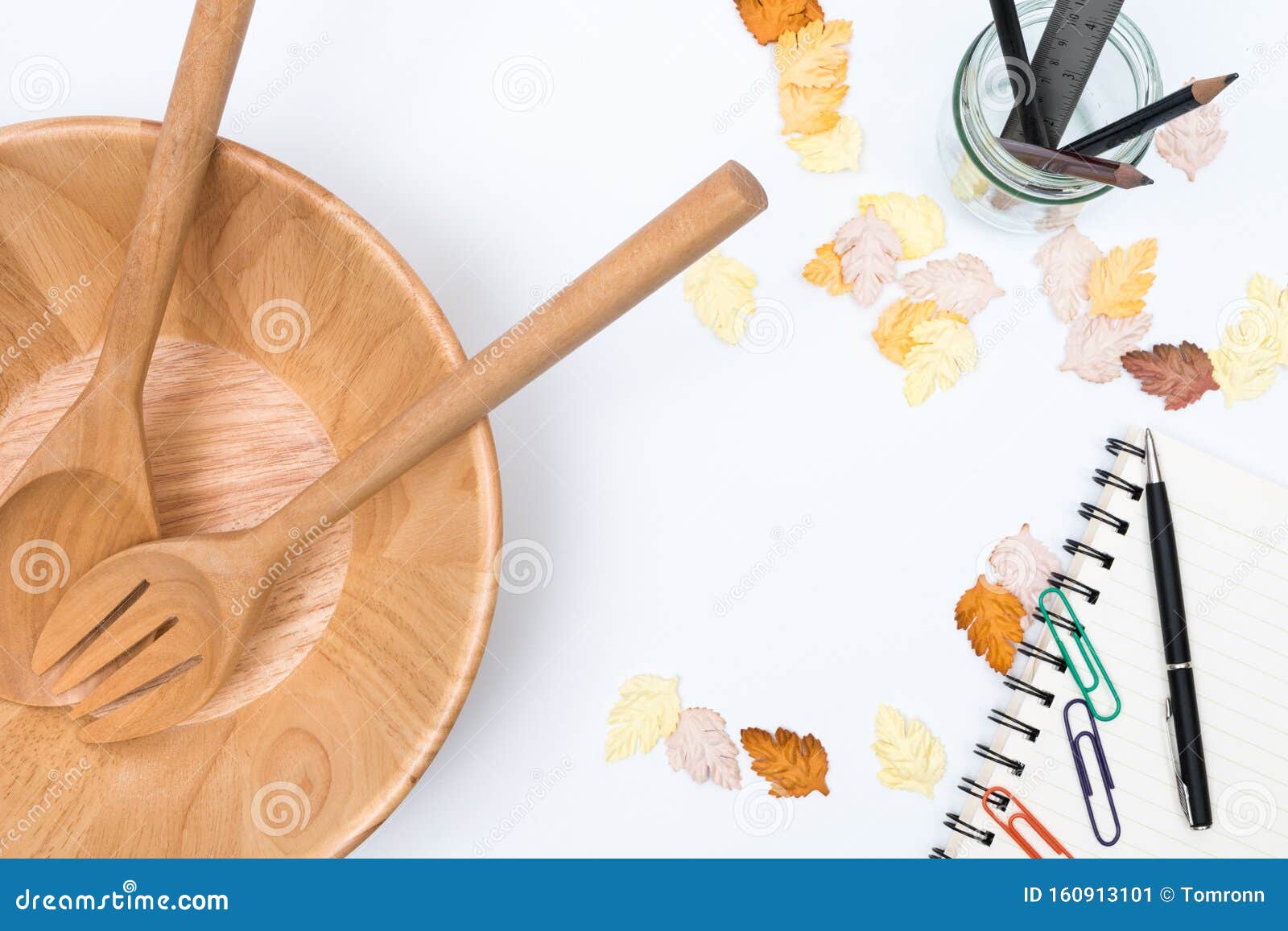 Wooden Bowl with Spoon Fork and Notebook on White Background Stock ...
