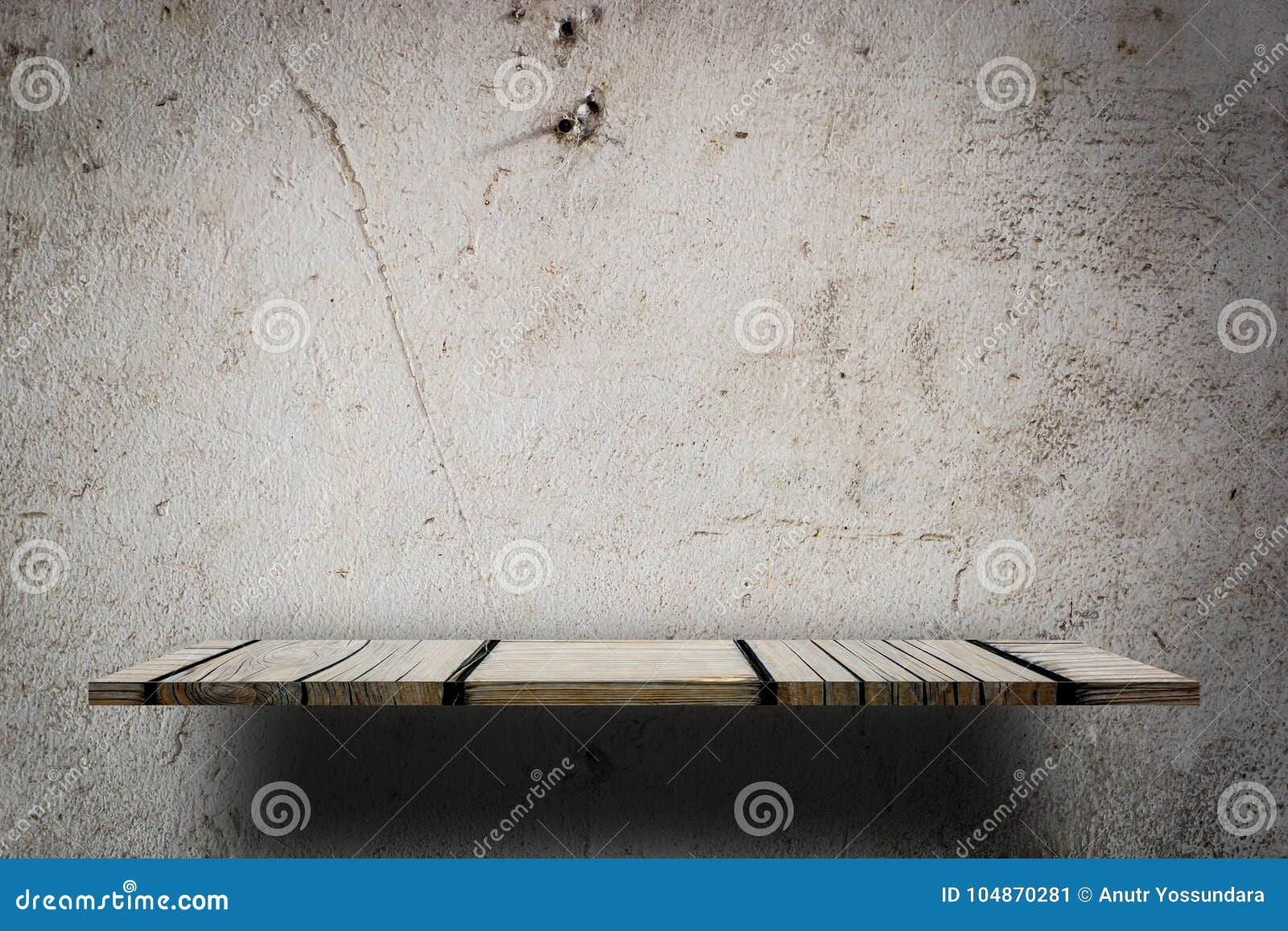 Empty Wooden Counter Display on Grungy Cement Wall Stock Image - Image ...