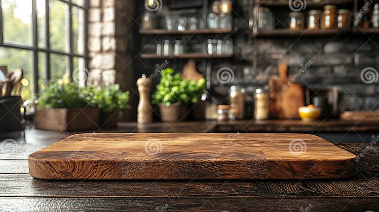Empty Wooden Cutting Board on a Rustic Kitchen Counter with a Blurred ...