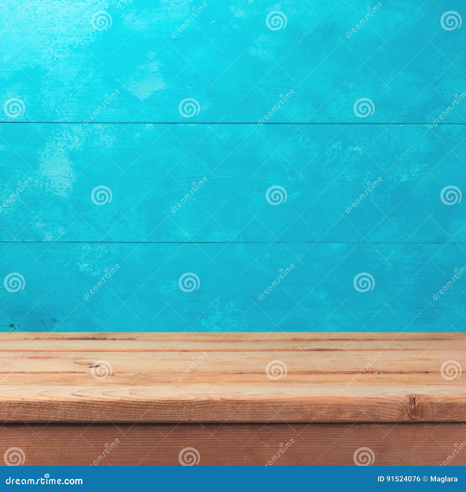 Empty Wooden Deck Table Over Rustic Blue Background. Summer Concept ...