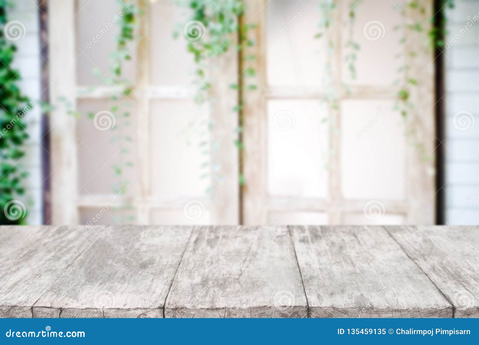 Empty Wooden Desk Over Blurred Interior Decoration Background Stock ...