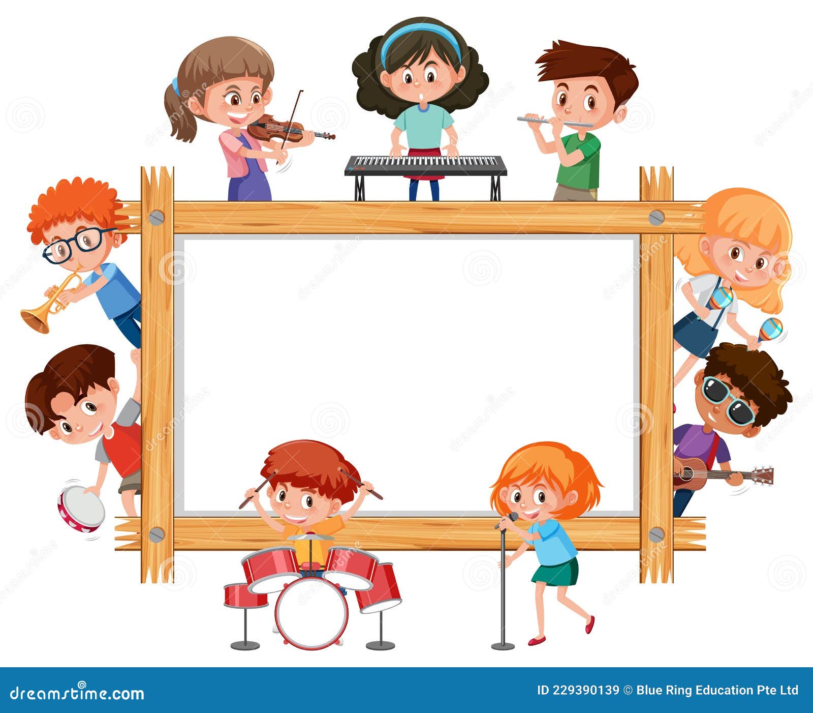 Empty Wooden Frame with Kids Playing Different Musical Instruments ...