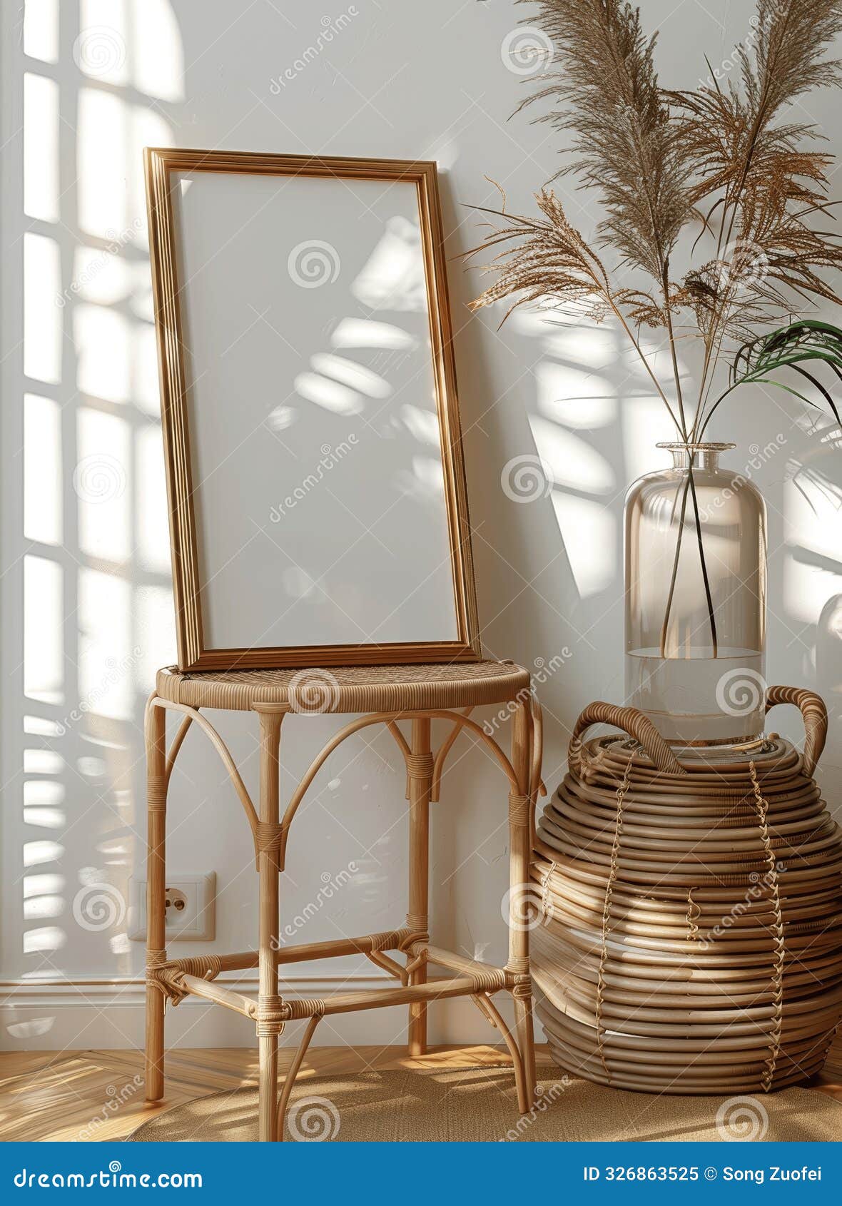 Empty Wooden Frame on Rattan Side Table in Boho Style Interior, Soft ...