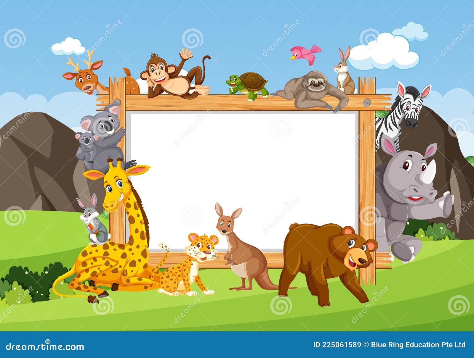Empty Wooden Frame with Various Wild Animals in the Forest Stock Vector ...