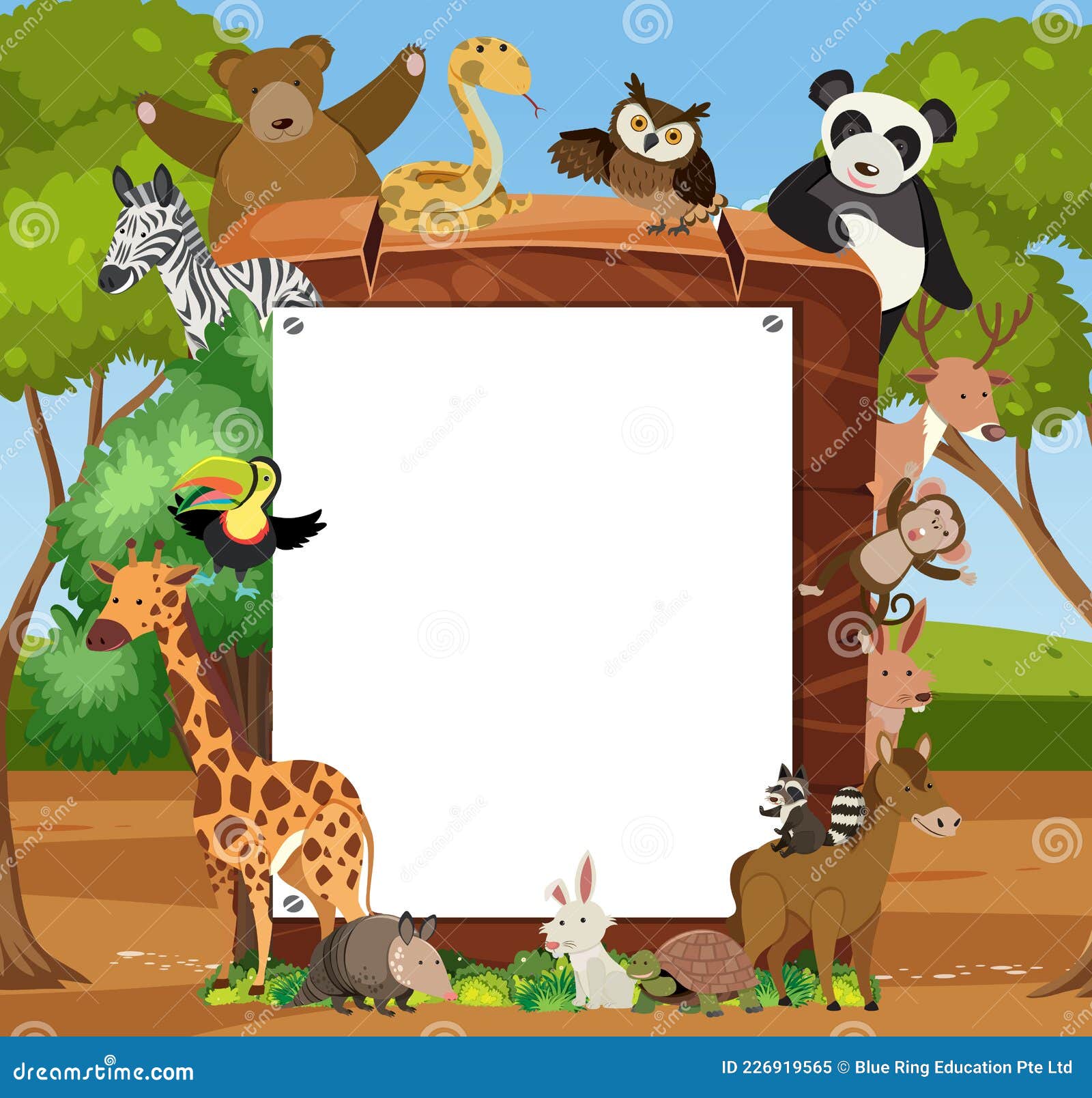 Empty Wooden Frame with Various Wild Animals in the Forest Stock Vector ...
