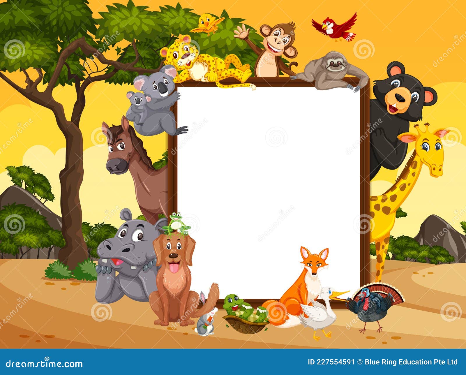 Empty Wooden Frame with Various Wild Animals in the Forest Stock Vector ...