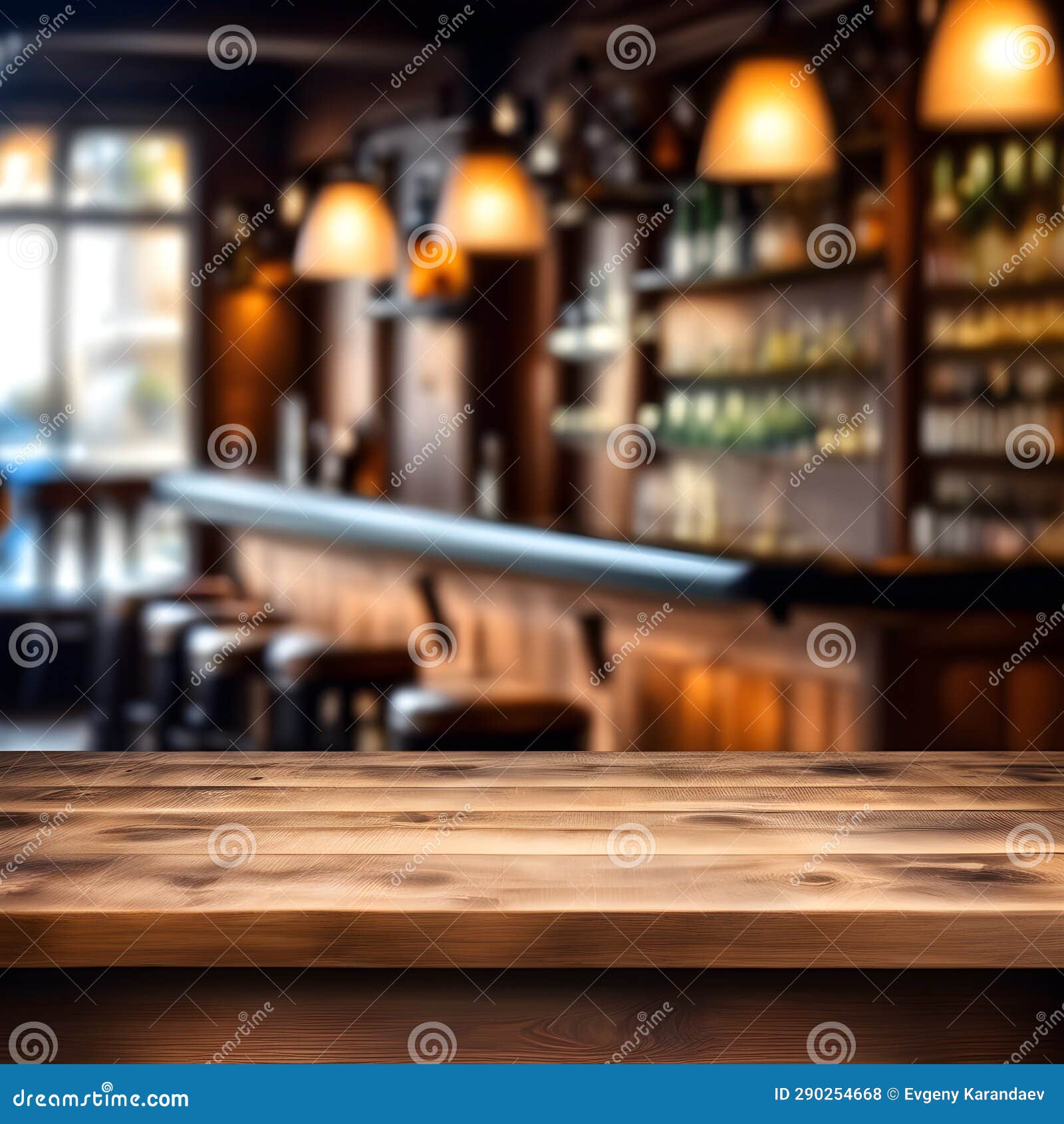 Empty Wooden Pub Table and Blurred Pub Background Stock Illustration ...