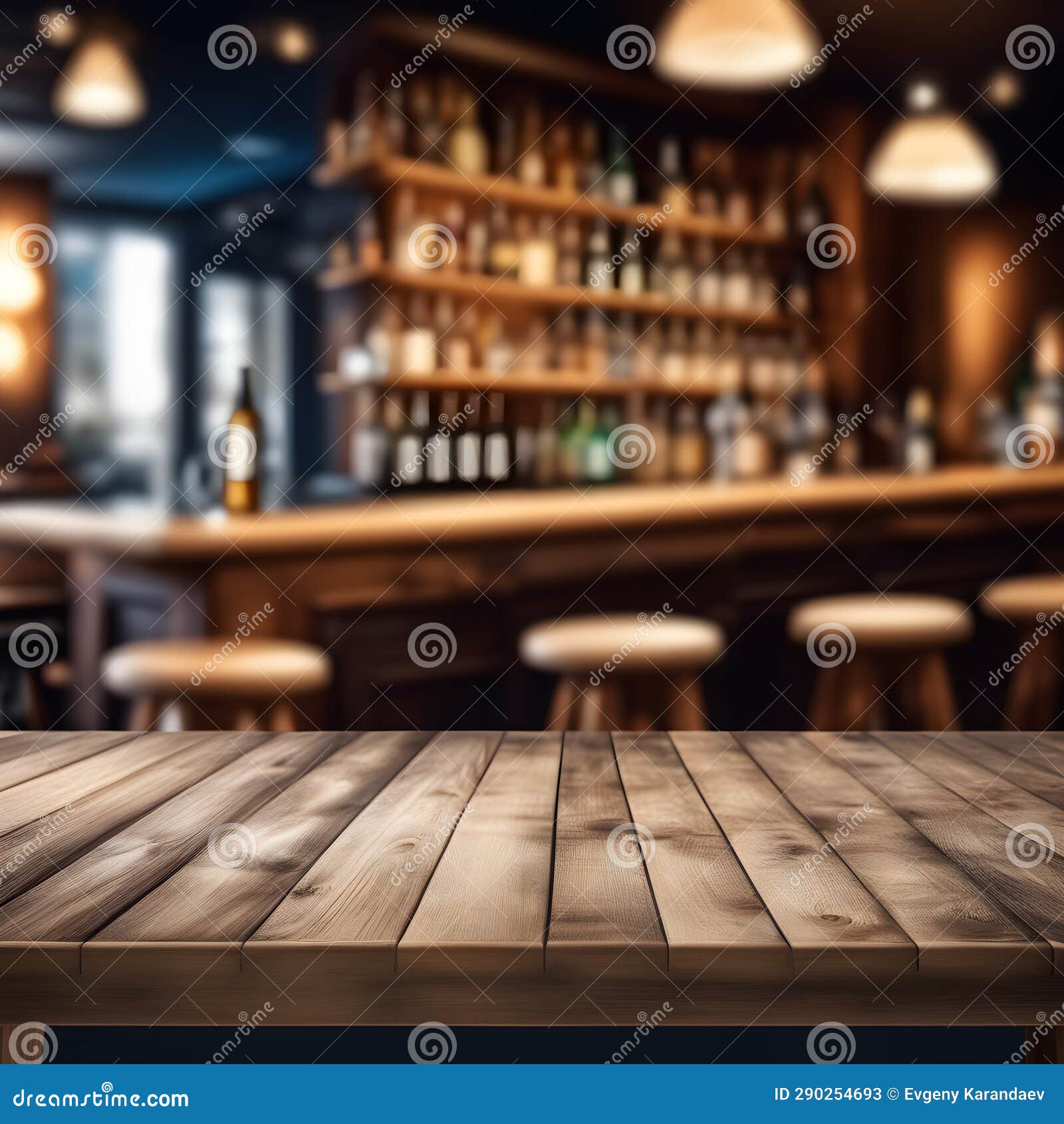 Empty Wooden Pub Table and Blurred Pub Background Stock Illustration ...