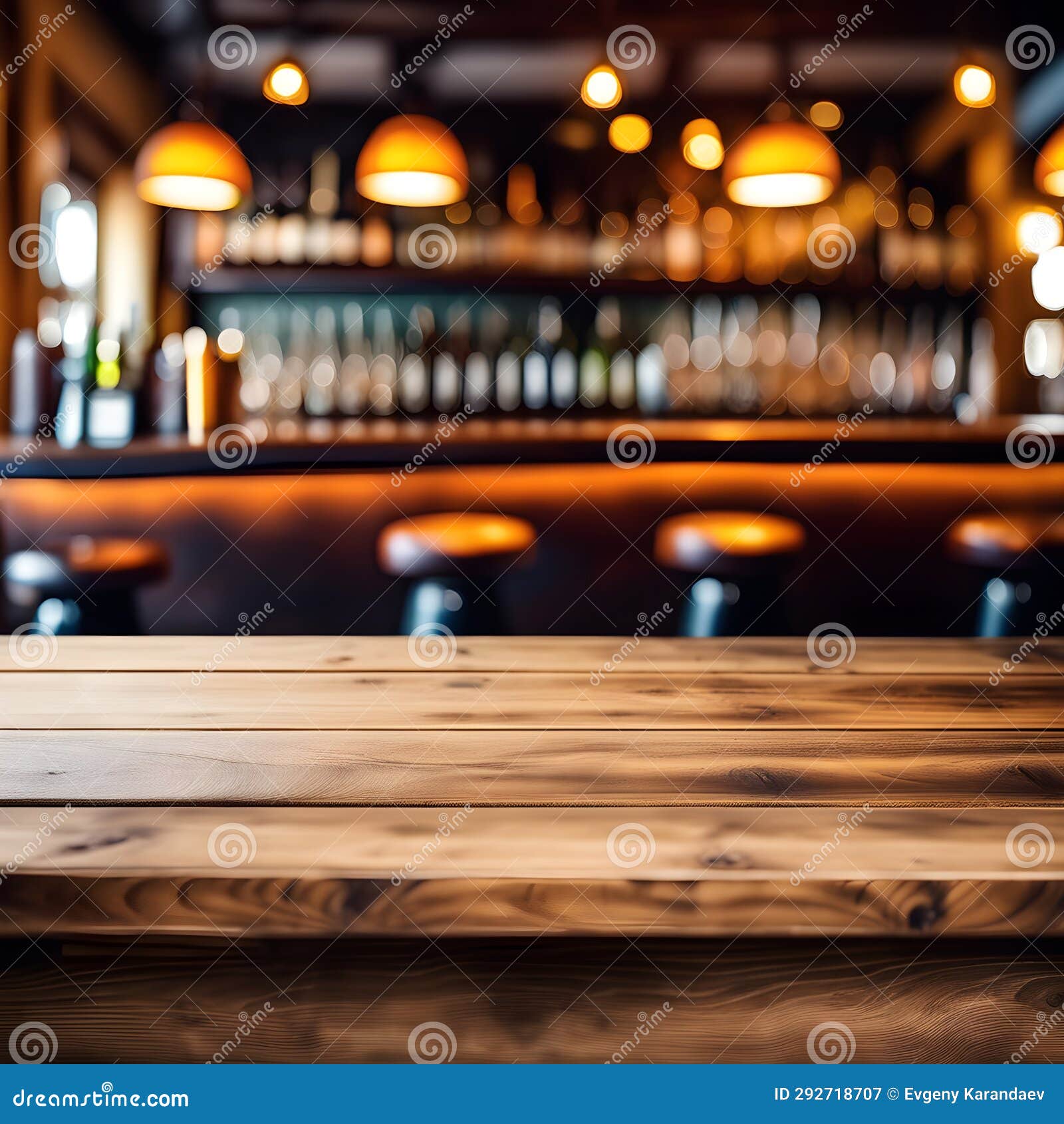 Empty Wooden Pub Table and Blurred Pub Background Stock Illustration ...
