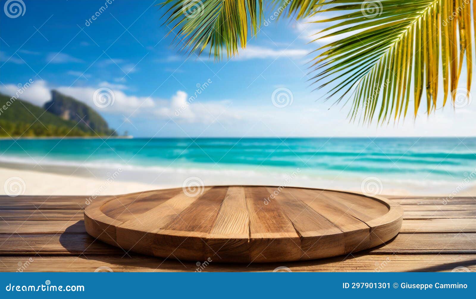 Empty Wooden Round Platform with Tropical Beach Background. for Product ...
