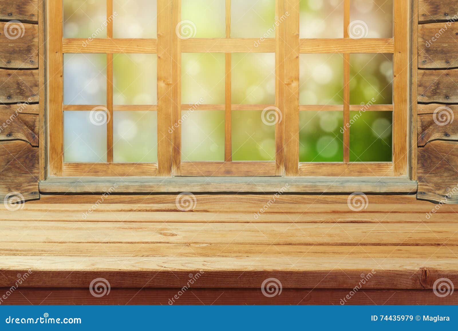 Empty Wooden Rustic Table Over Window and Green Bokeh Background Stock ...