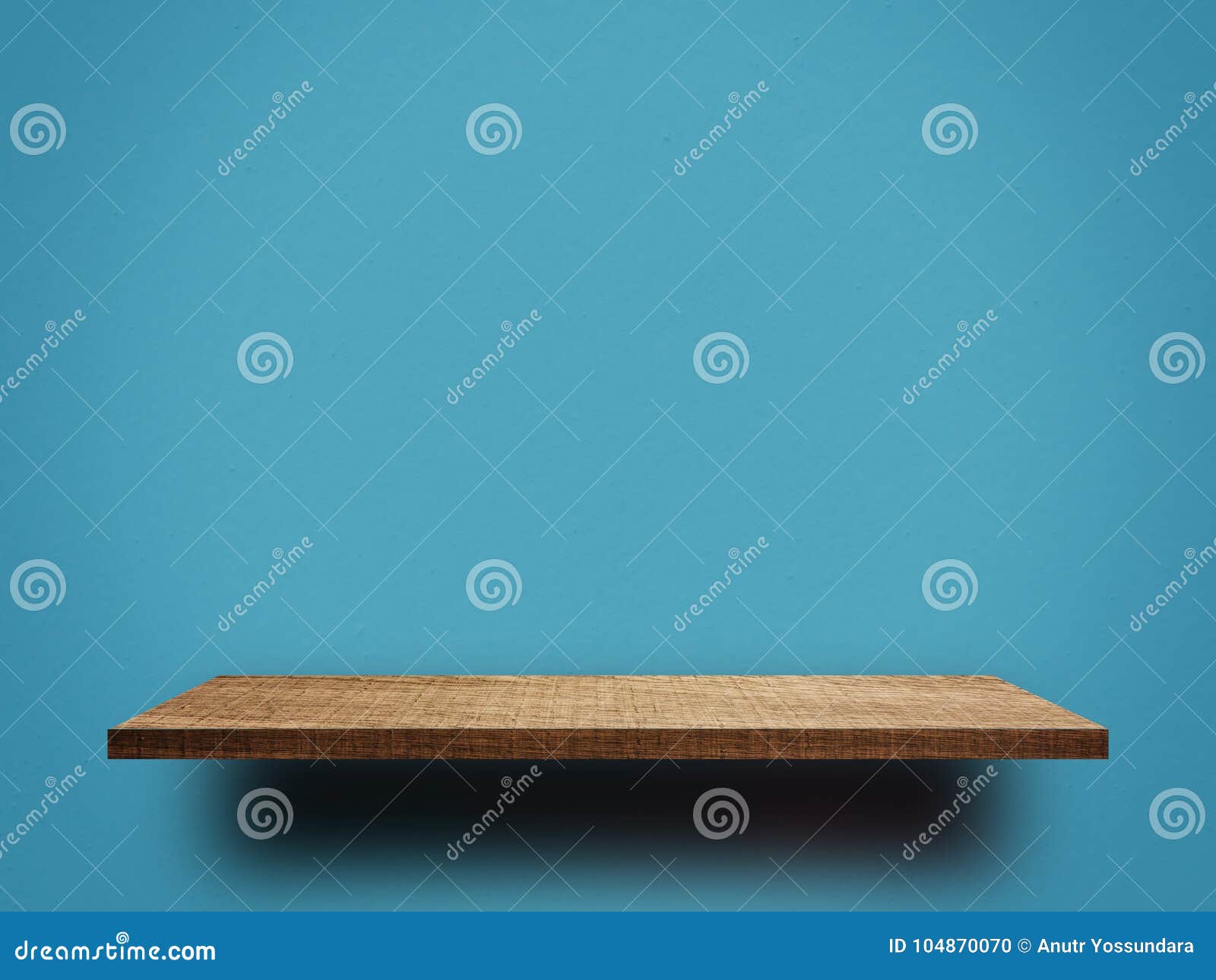 Empty Wooden Shelf on Blue Background Stock Photo - Image of board ...