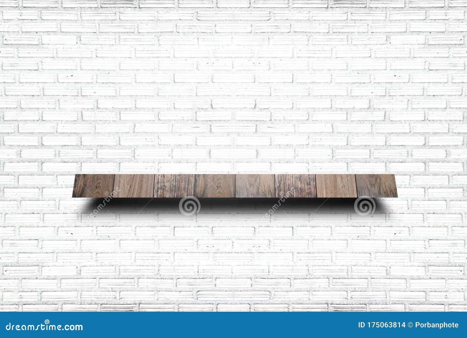 Empty Wooden Shelf on Old White Brick Wall Texture. Stock Photo - Image ...