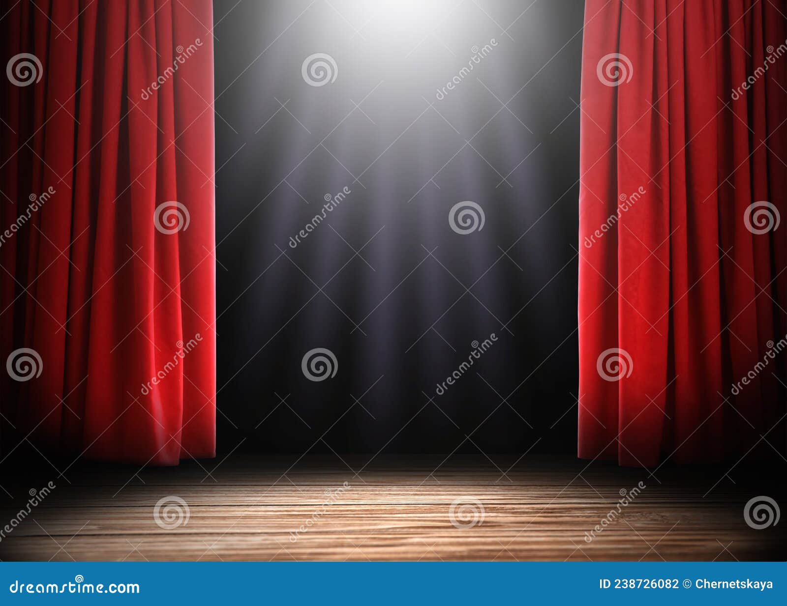 Empty Wooden Stage and Open Red Curtains Stock Photo - Image of fabric ...