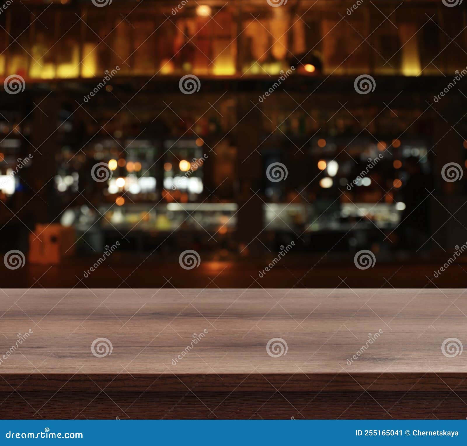 Empty Wooden Surface and Blurred View of Bar. Space for Design Stock ...