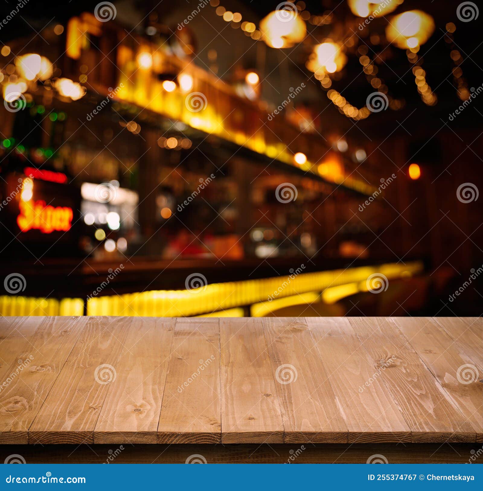 Empty Wooden Surface and Blurred View of Bar Interior. Space for Design ...