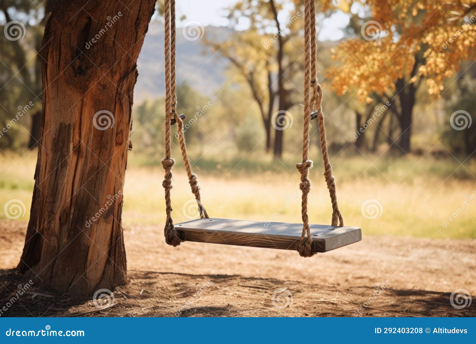 An Empty Wooden Swing Hanging from a Tree Branch Stock Photo - Image of ...