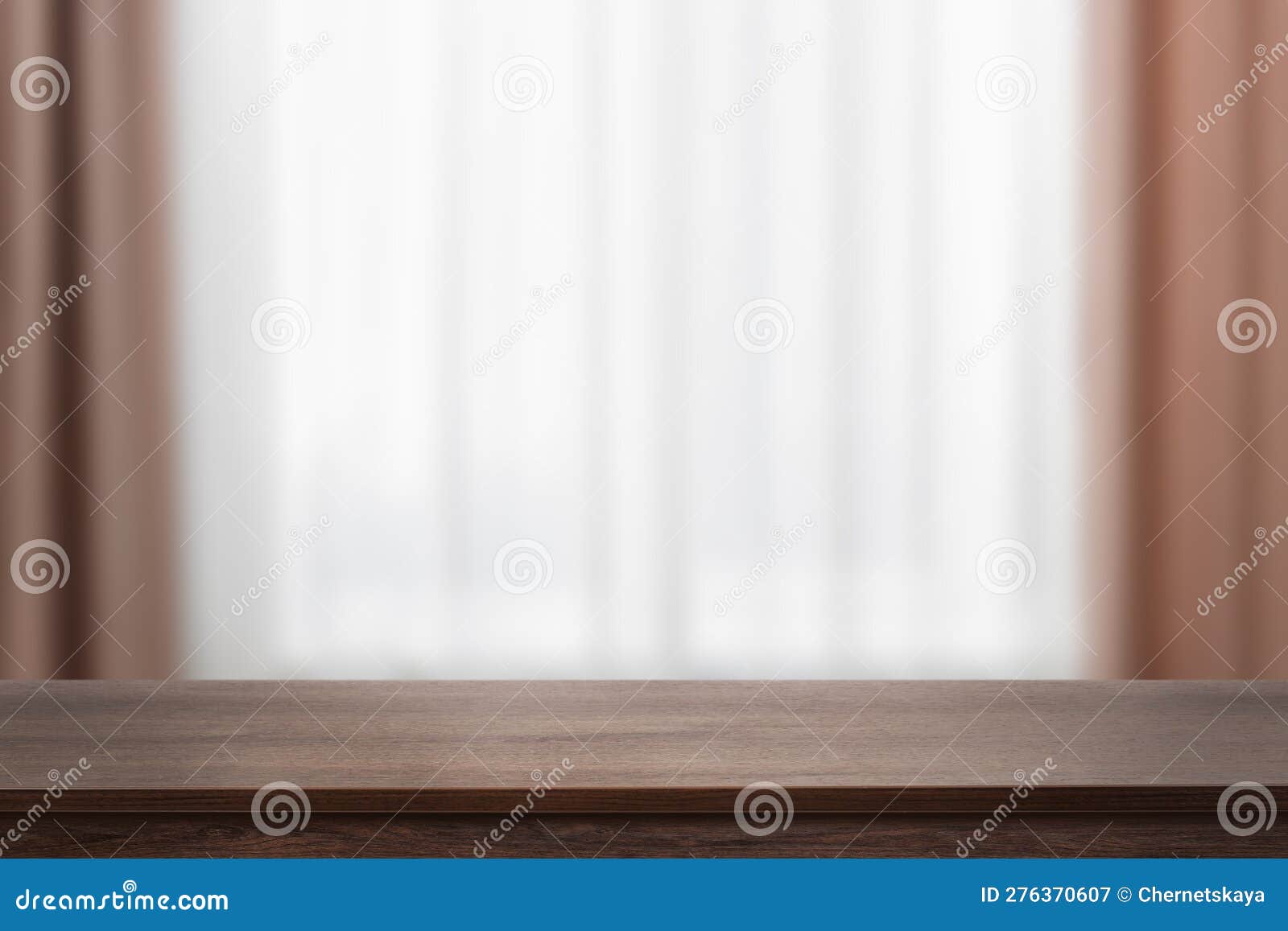 Empty Wooden Table Against Window with Curtains. Space for Design Stock ...
