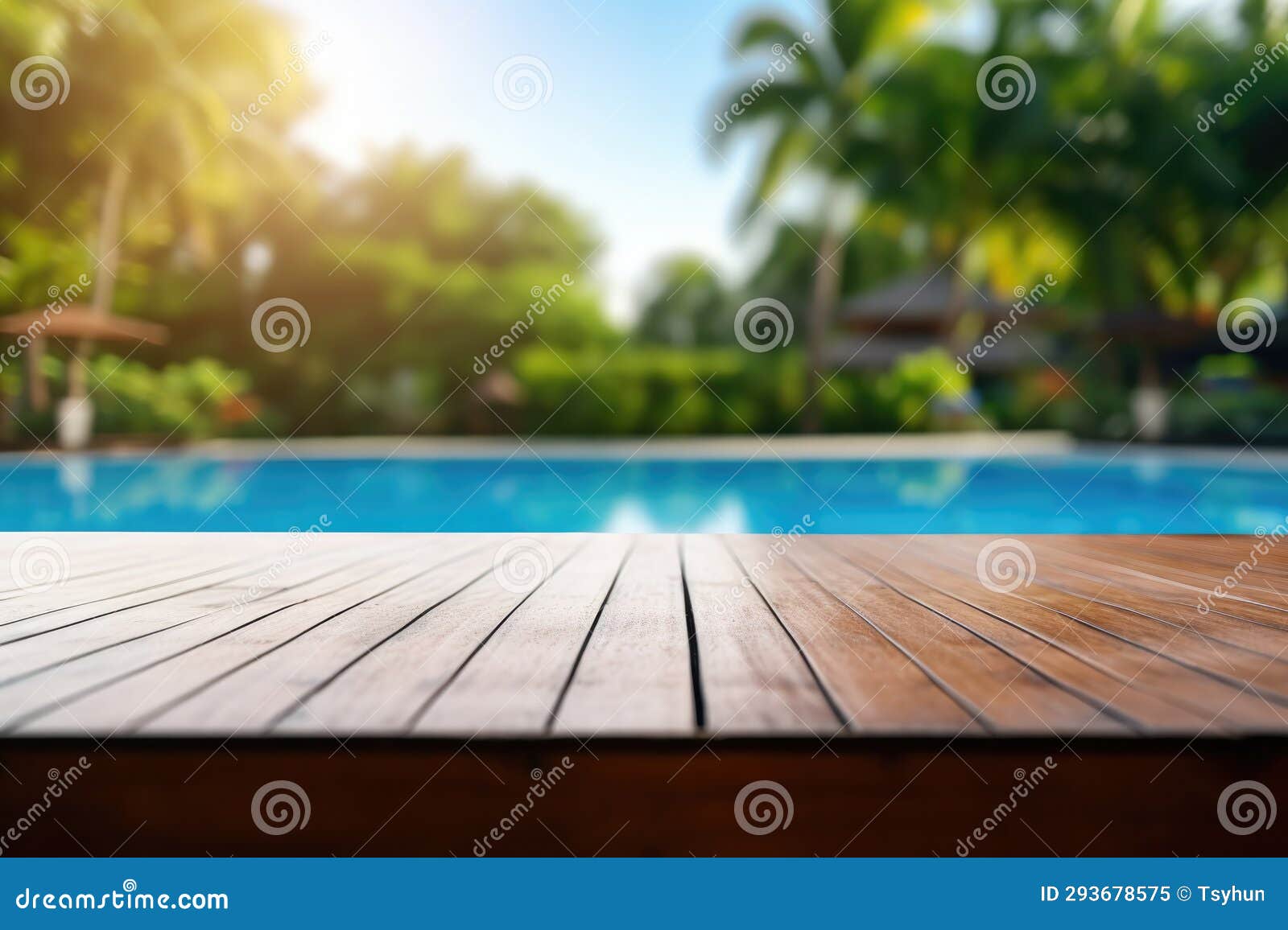 Empty Wooden Table on Background Blurred Empty Swimming Pool Outdoors ...