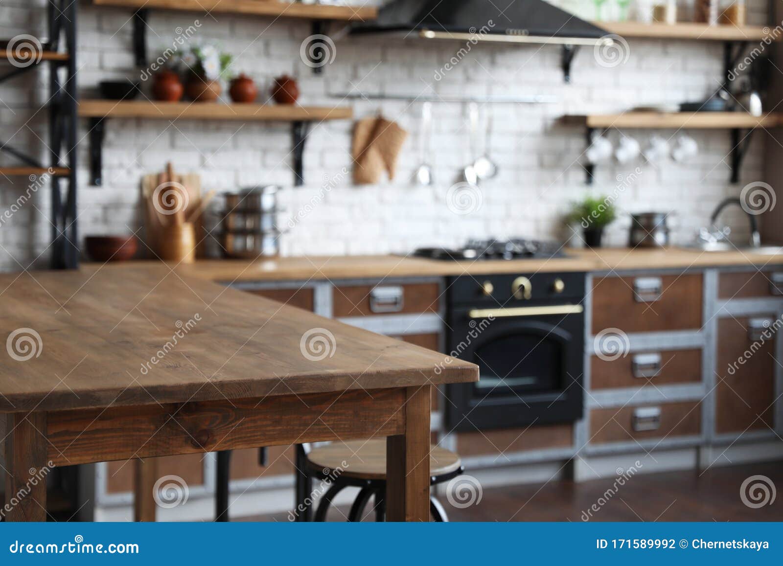 Empty Wooden Table in Kitchen. Interior Design Stock Photo - Image of ...