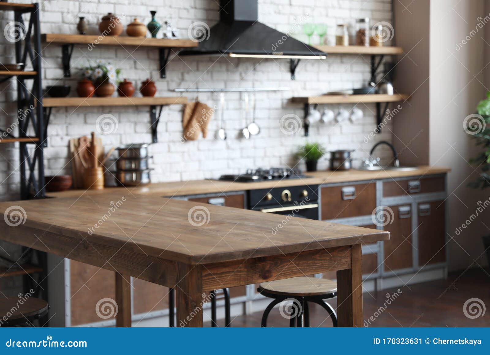 Empty Wooden Table in Kitchen. Interior Design Stock Image - Image of ...