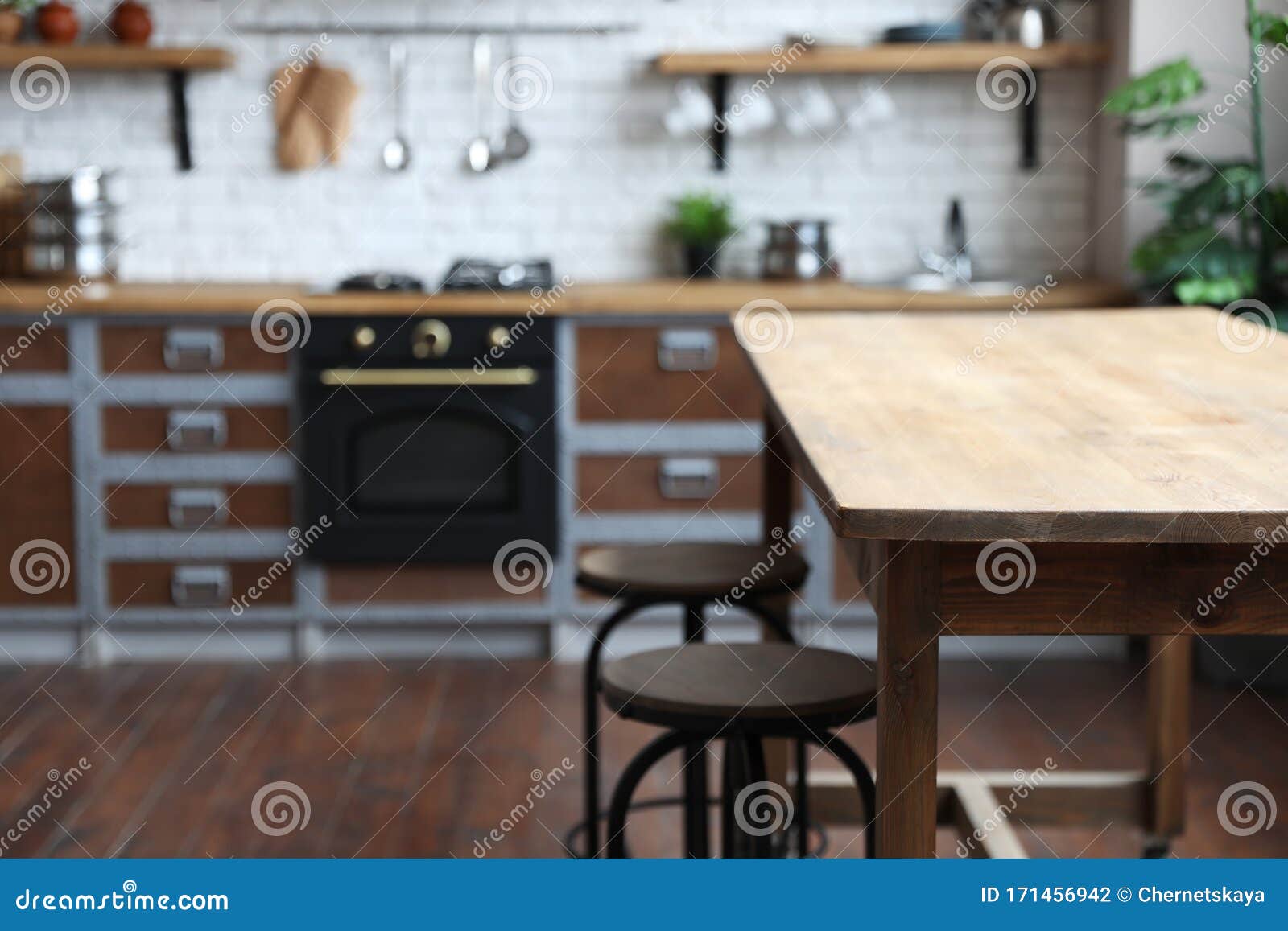 Empty Table in Beautiful Kitchen. Interior Design Stock Photo - Image ...