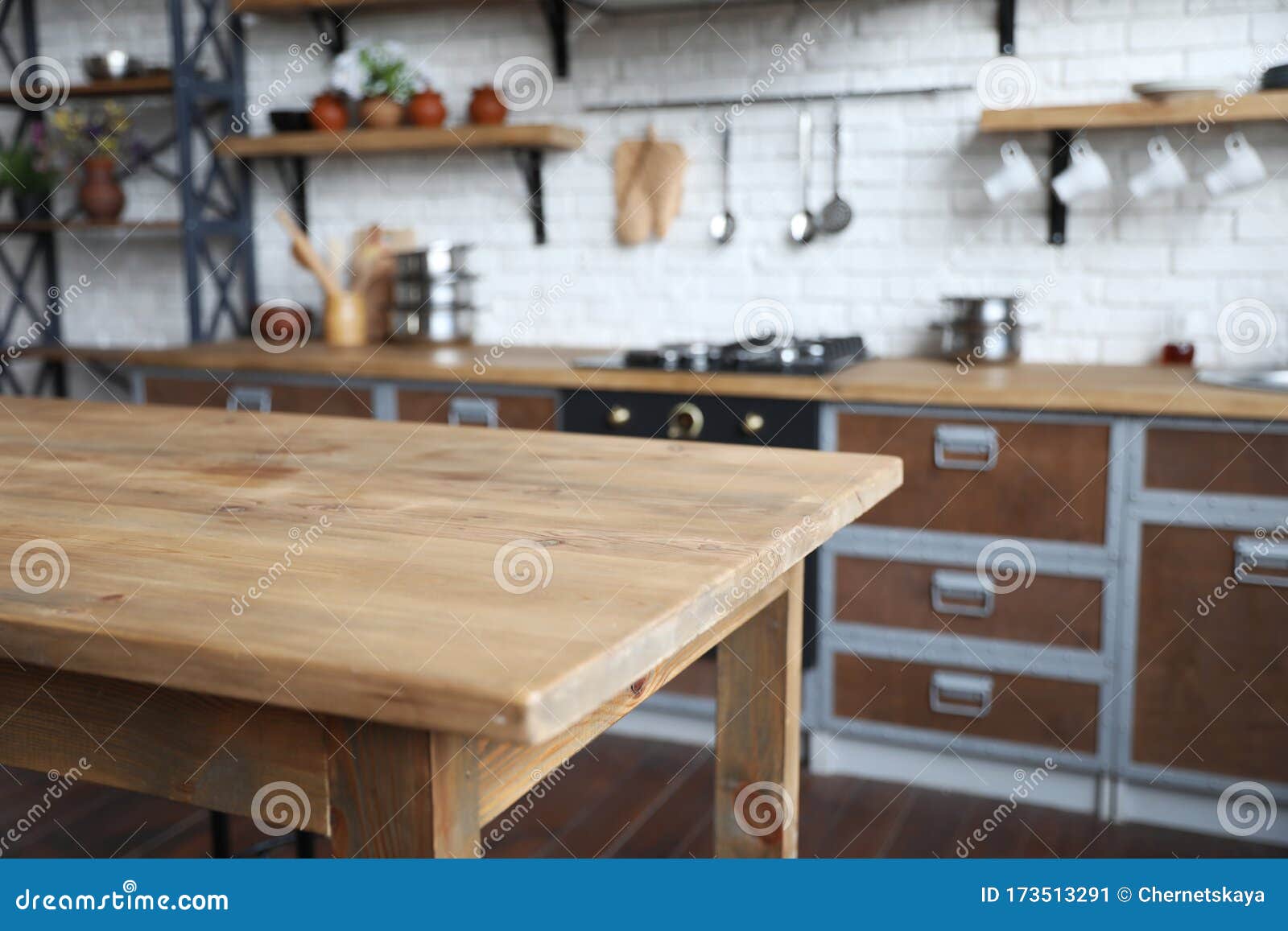 Empty Wooden Table in Kitchen. Interior Design Stock Image - Image of ...