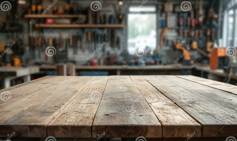 Empty Wooden Table with Blurred Background Featuring Carpenters Tools on the Wall, Carpenter ...