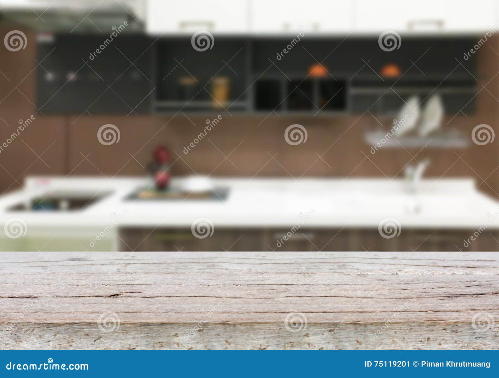 Empty Wooden Table and Blurred Kitchen Stock Image - Image of breakfast ...
