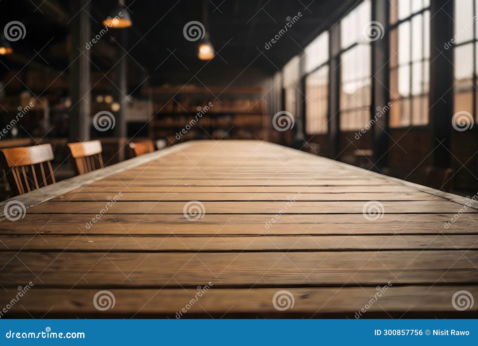 Empty Wooden Table with Blurred Warehouse Backdrop Stock Photo - Image ...