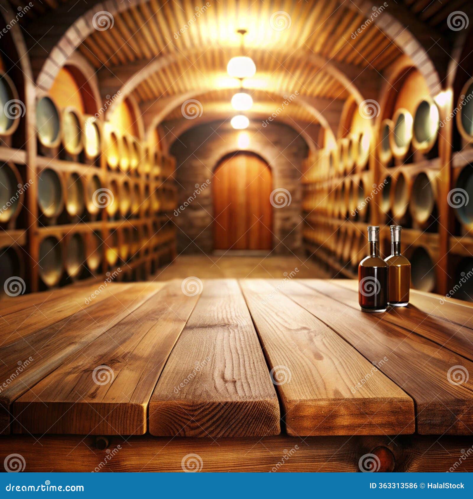 Empty Wooden Table with Blurred Wine Cellar Background Stock ...