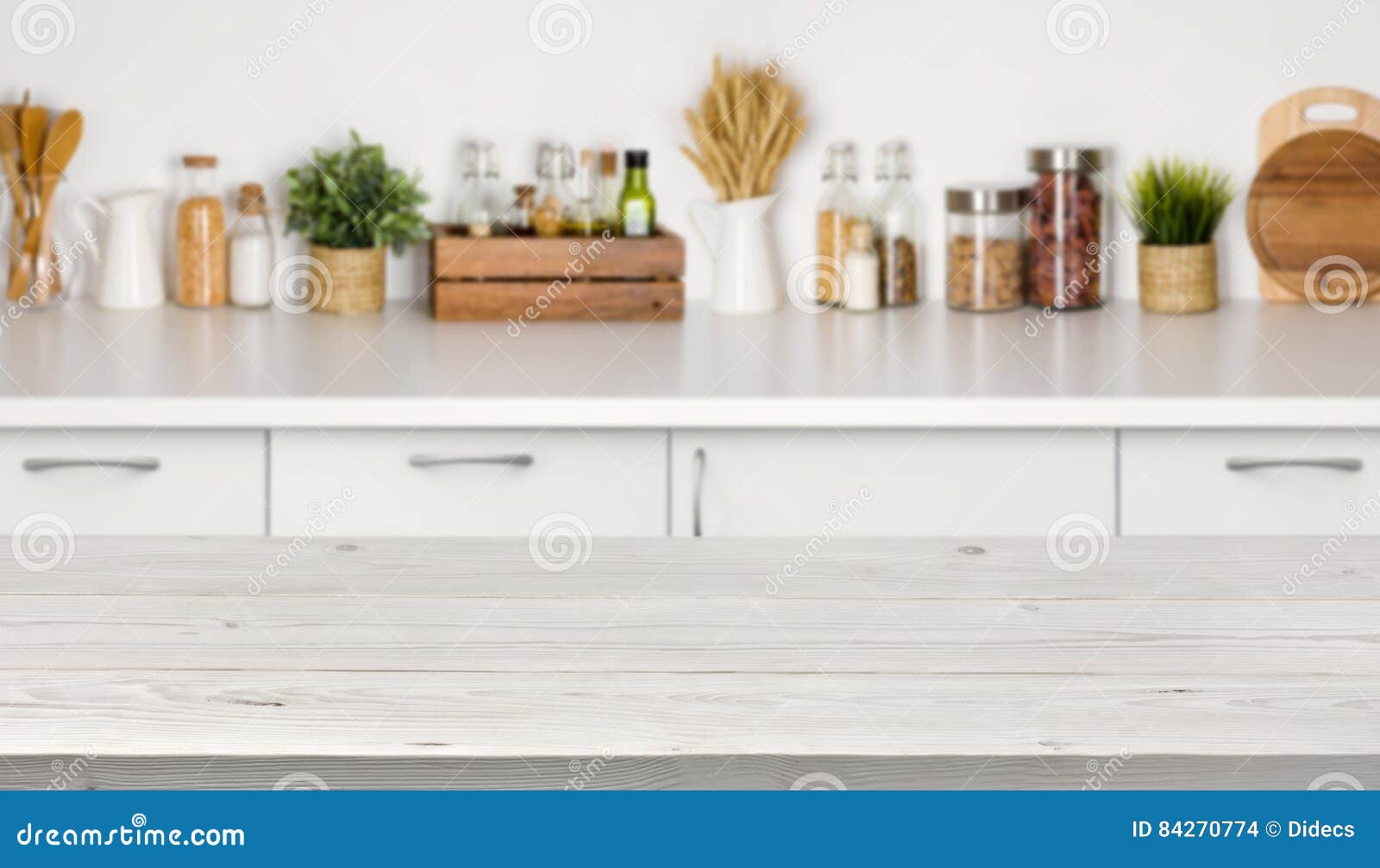 Empty Wooden Table with Bokeh Image of Kitchen Bench Interior Stock ...