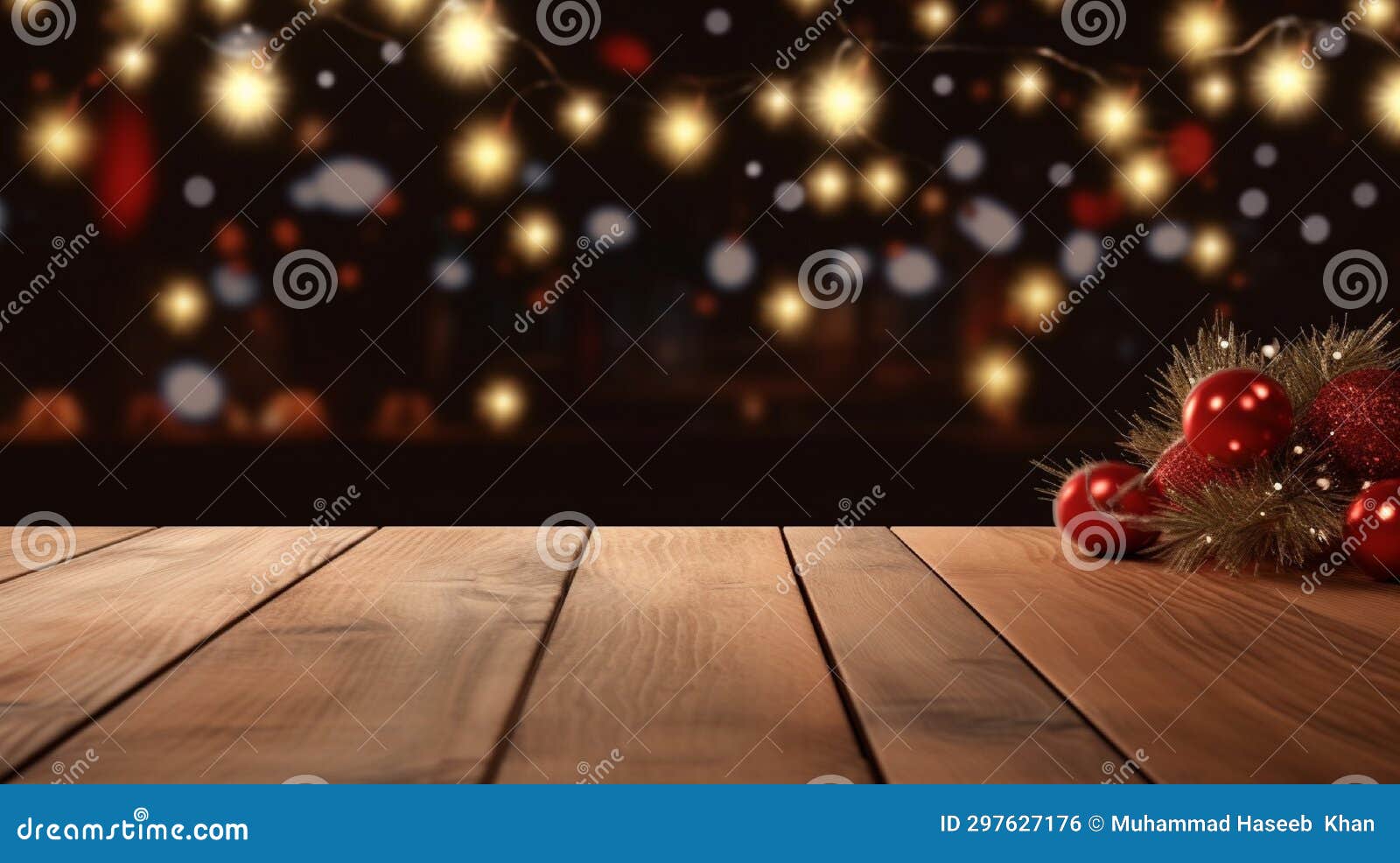 Empty Wooden Table with Christmas Theme in Background Stock ...