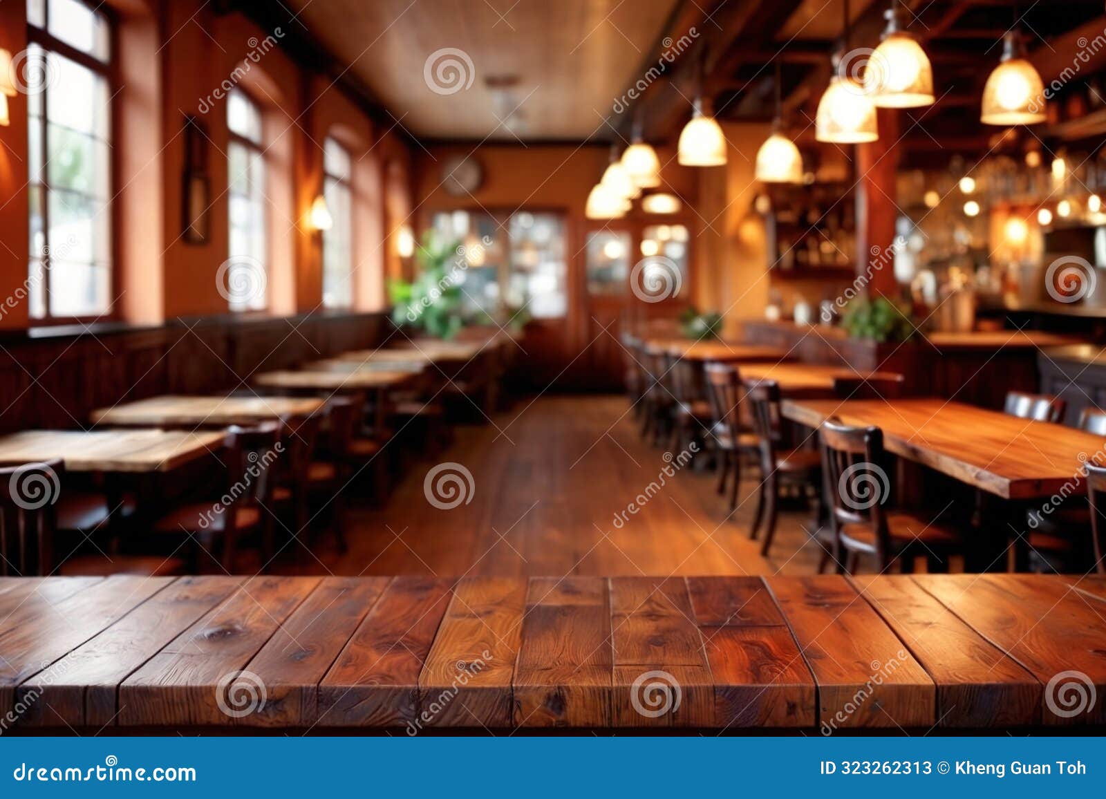 Empty Wooden Table Counter Top Backdrop with Background of Restaurant ...