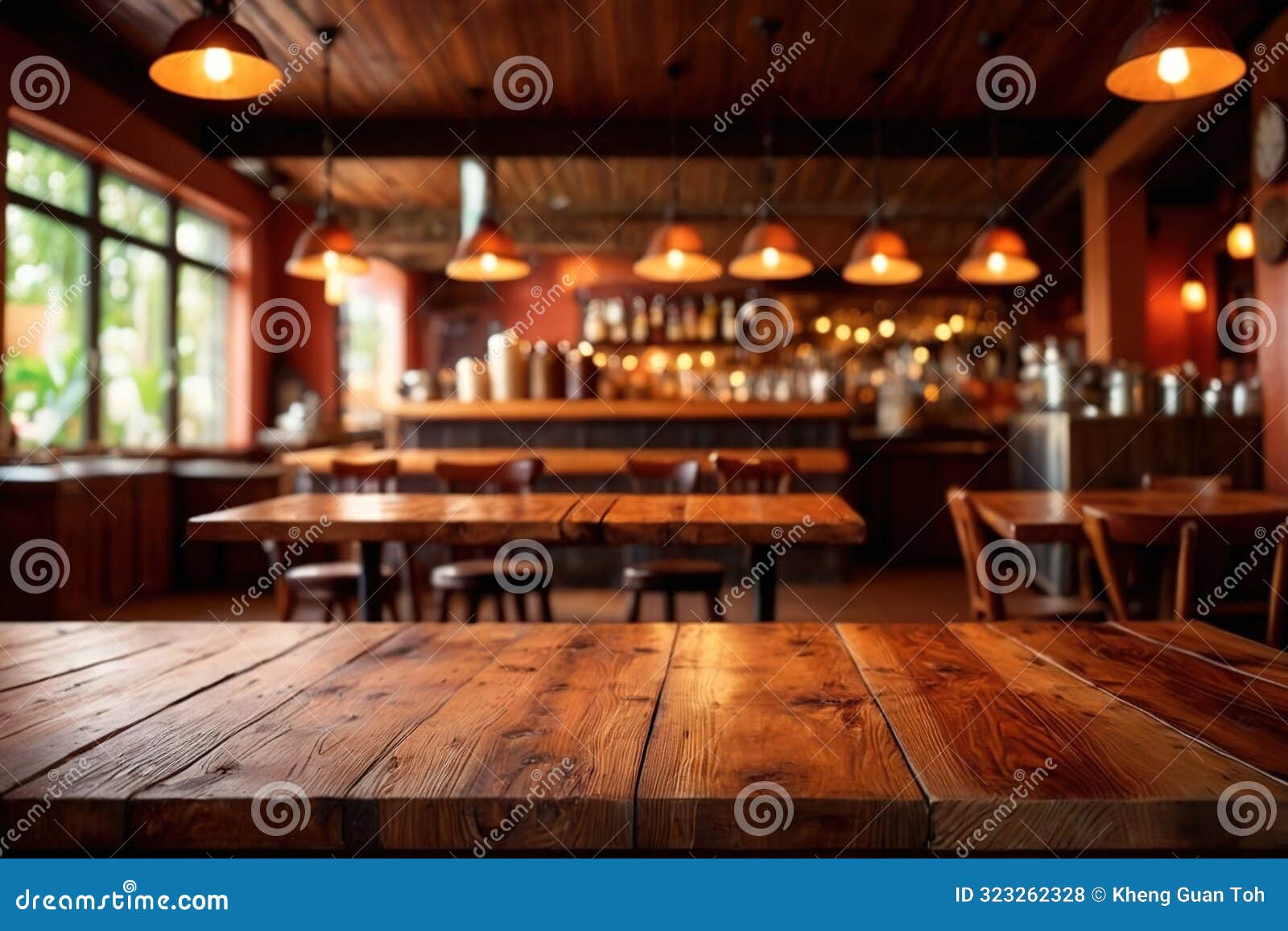 Empty Wooden Table Counter Top Backdrop with Background of Restaurant ...