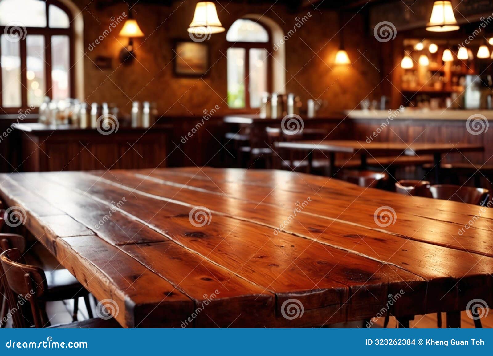 Empty Wooden Table Counter Top Backdrop with Background of Restaurant ...