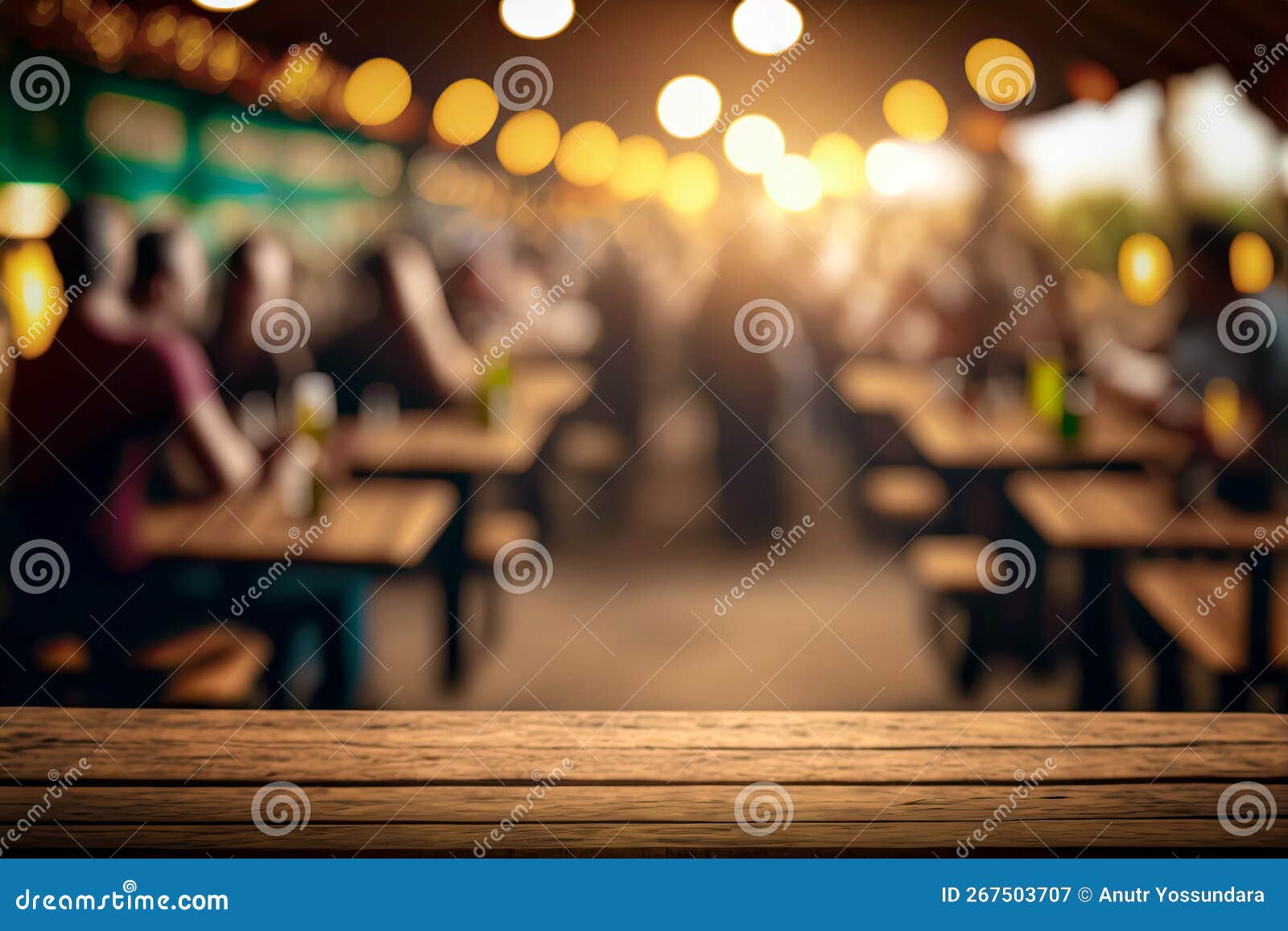 Empty Wooden Table with Crowded Restaurant and Pub Background ...