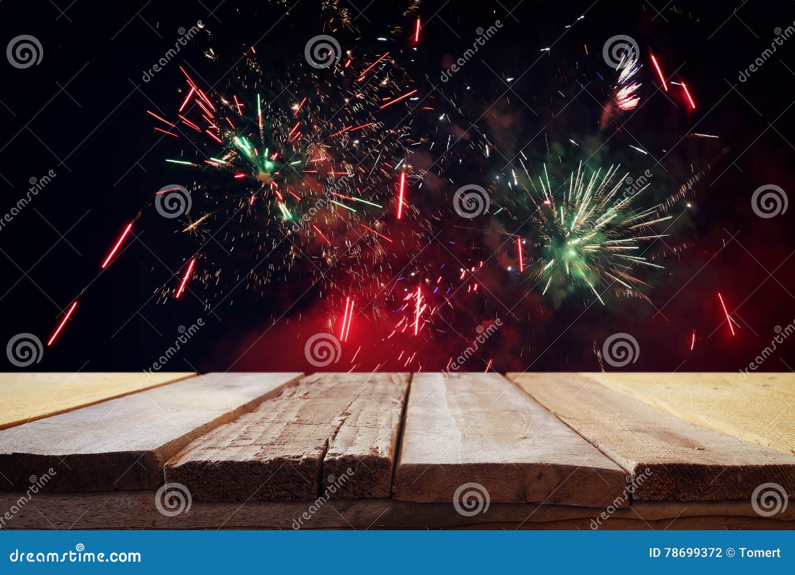 Empty Wooden Table in Front of Fireworks Background Stock Photo - Image ...