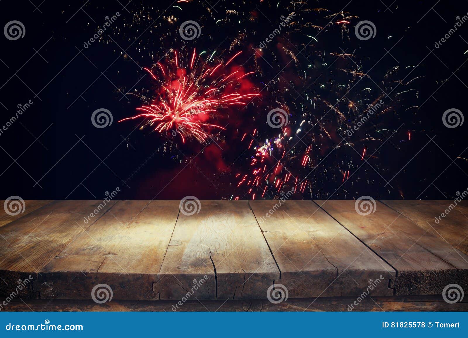 Empty Wooden Table in Front of Fireworks Background Stock Photo - Image ...