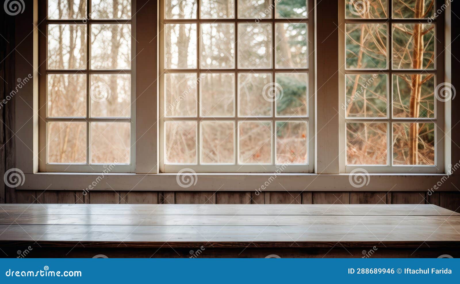 Empty Wooden Table in Front of Window with View of Autumn Forest. Stock ...