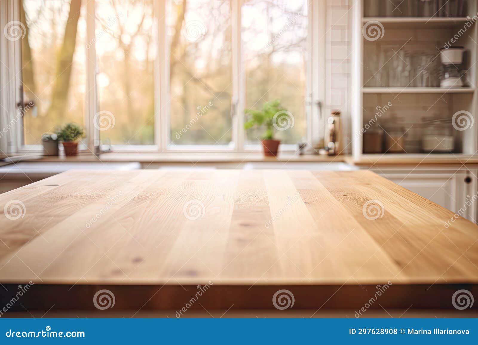Empty Wooden Table in Kitchen, Blurred Background with Window ...