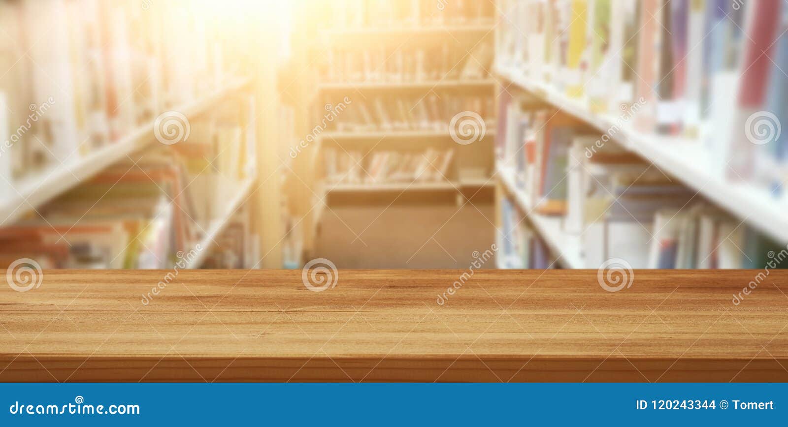 Empty Wooden Table in Library. Education and Learning Concept. Stock ...