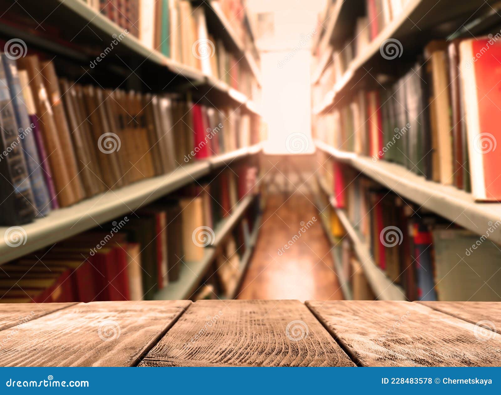 Empty Wooden Table in Library. Space for Design Stock Photo - Image of ...