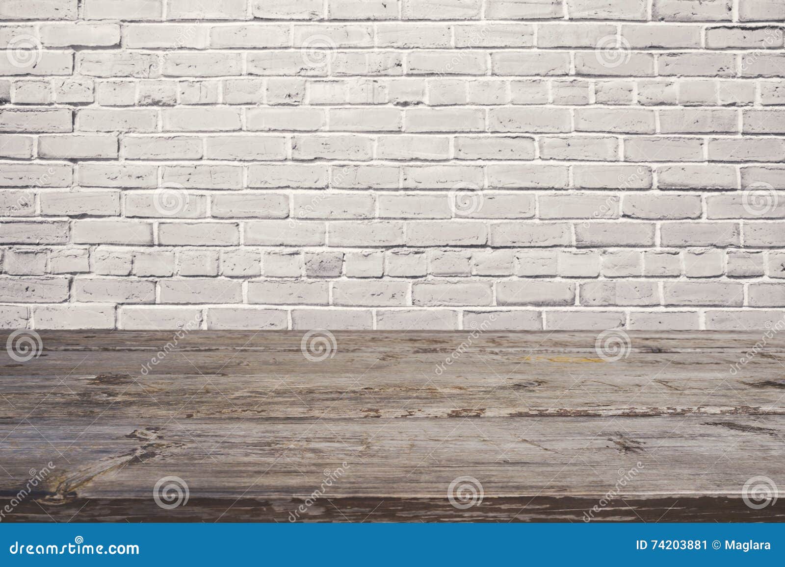Empty Wooden Table Over White Brick Wall. Background for Product ...