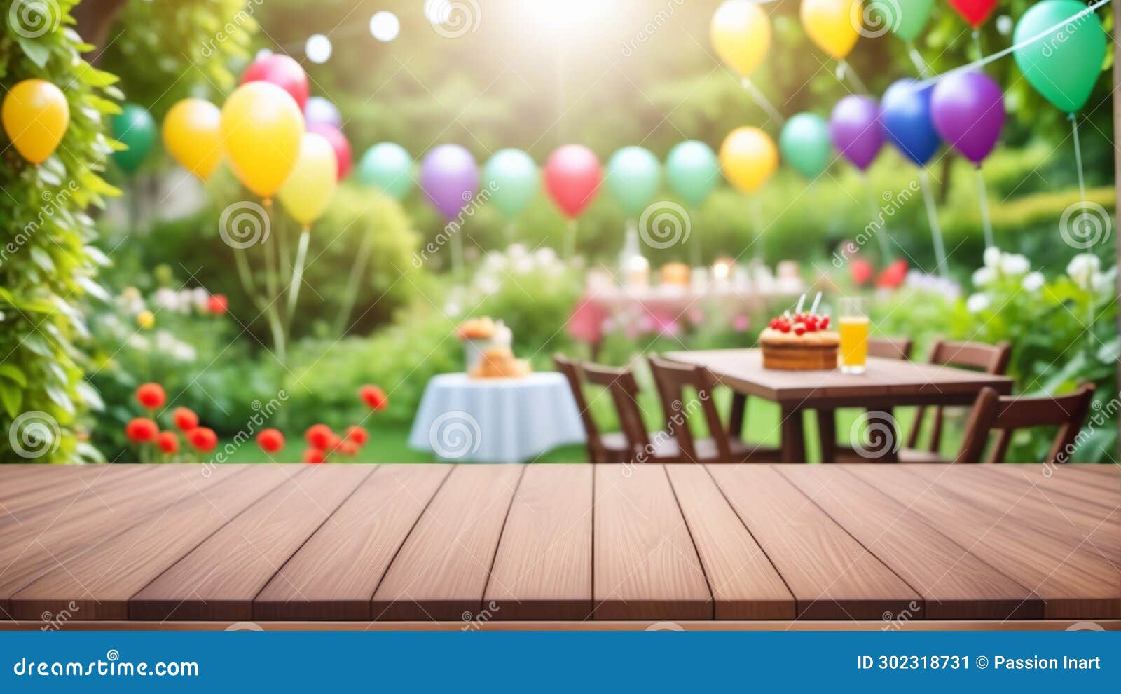 Empty Wooden Table with Party in Garden Background Blurred Stock ...