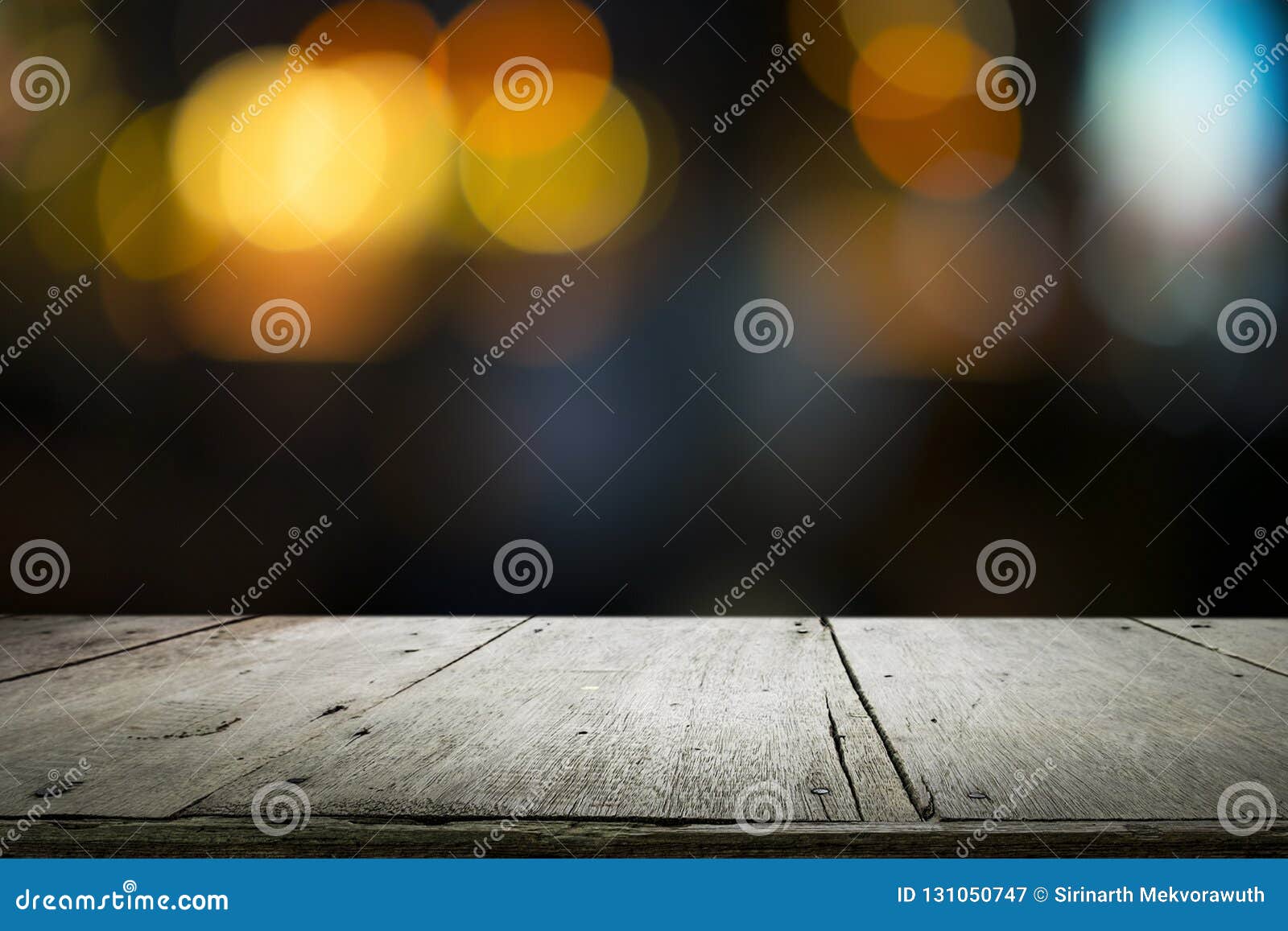 Empty Wooden Table Platform and Bokeh at Night Stock Image - Image of ...